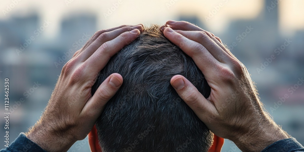 A close-up of hands gripping the sides of a head in frustration, with ...