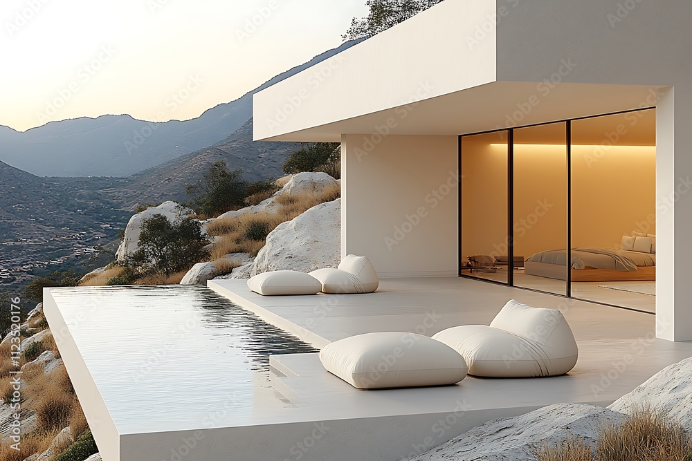 minimalist pool villa with a cantilevered deck and a pristine pool area ...