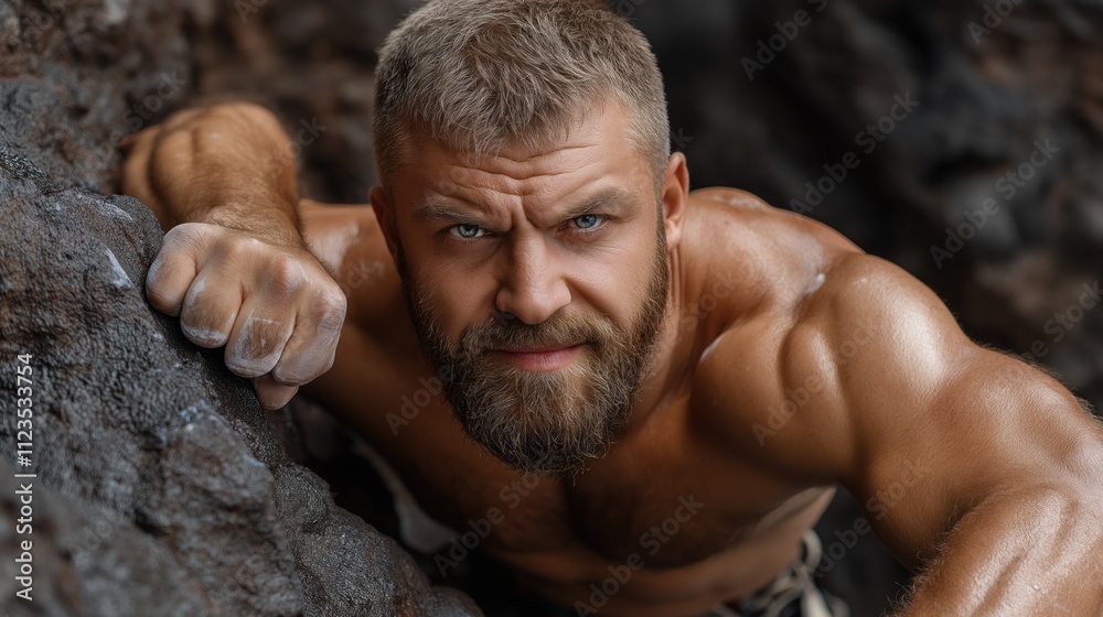 strong climber ascends a rugged rock face, showcasing impressive upper ...