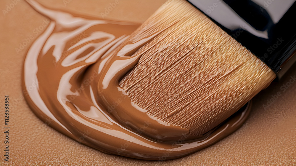 A close-up of big brush spreading creamy foundation in a rich mocha ...
