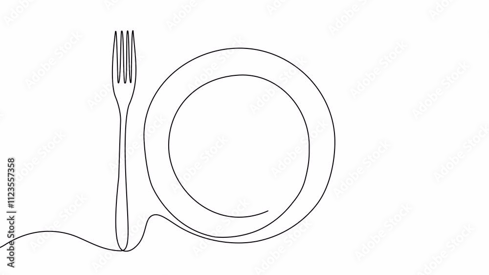 Video. Fork, knife, spoon and plate. Continuous single line drawing of ...