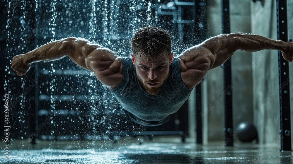 Muscular man performing a low-to-ground horizontal bodyweight exercise ...