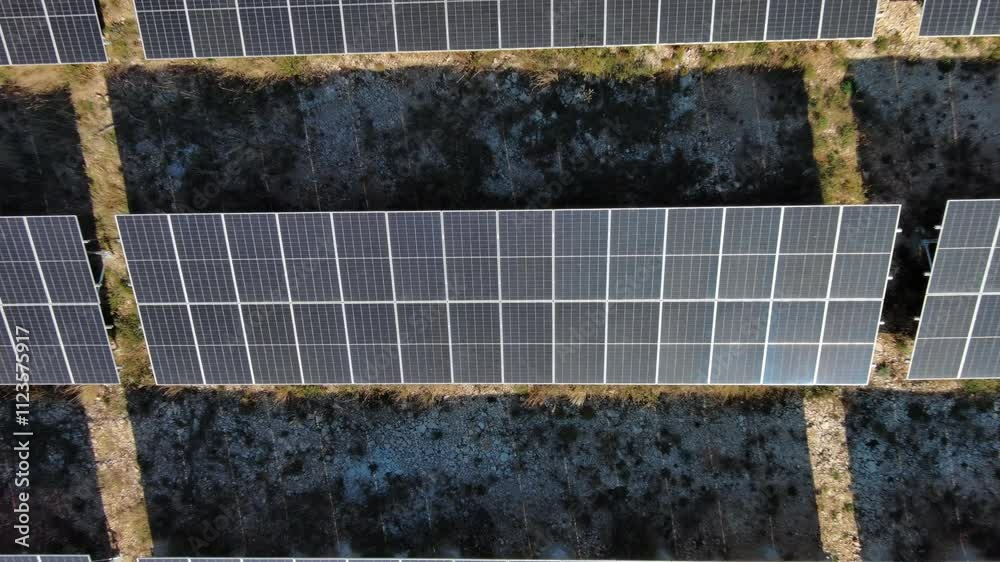 Aerial top view of solar power station. Sustainable renewable energy ...