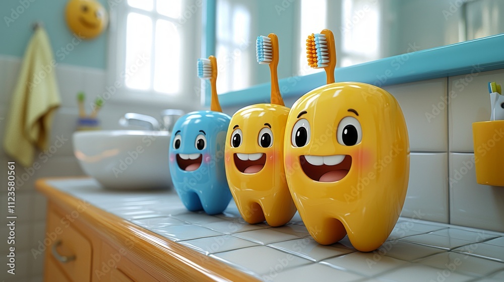 group animated toothbrush characters cheerfully guides kids proper ...