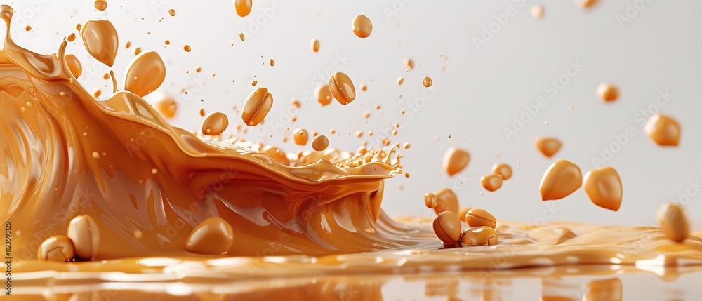 Peanuts strewn around a creamy peanut butter splash against a white ...