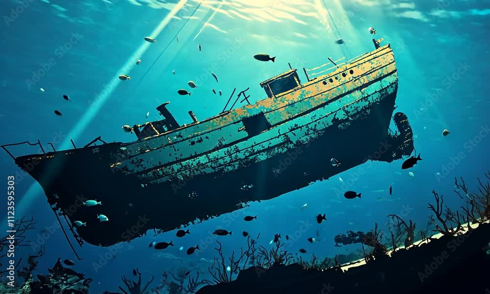 An underwater scene featuring a sunken ship surrounded by fish and ...