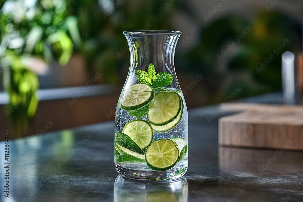 modern carafe of chilled water with sliced lime and mint rests on sleek ...