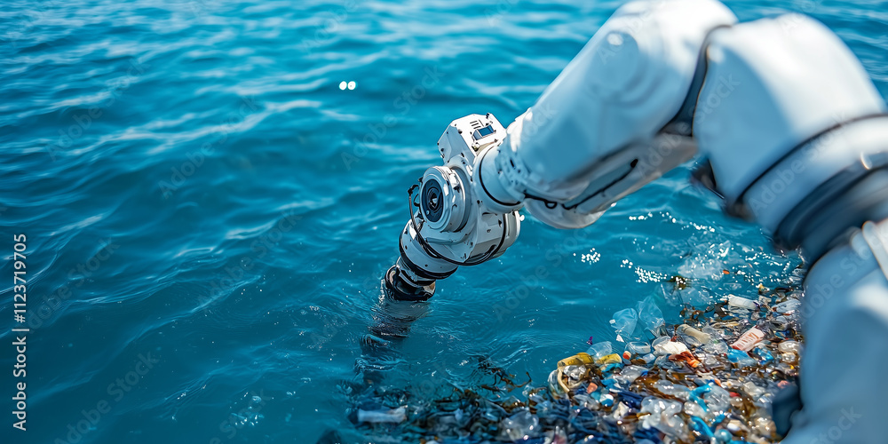 white robotic arm on high tech watercraft is cleaning up ocean ...