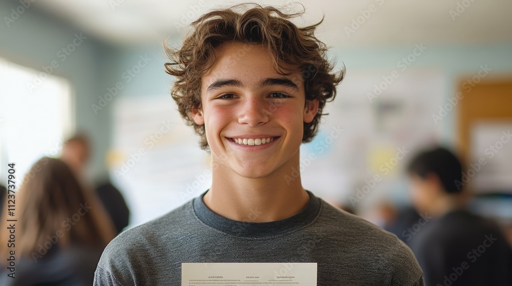 High school student proudly showing a certificate to friends in a ...