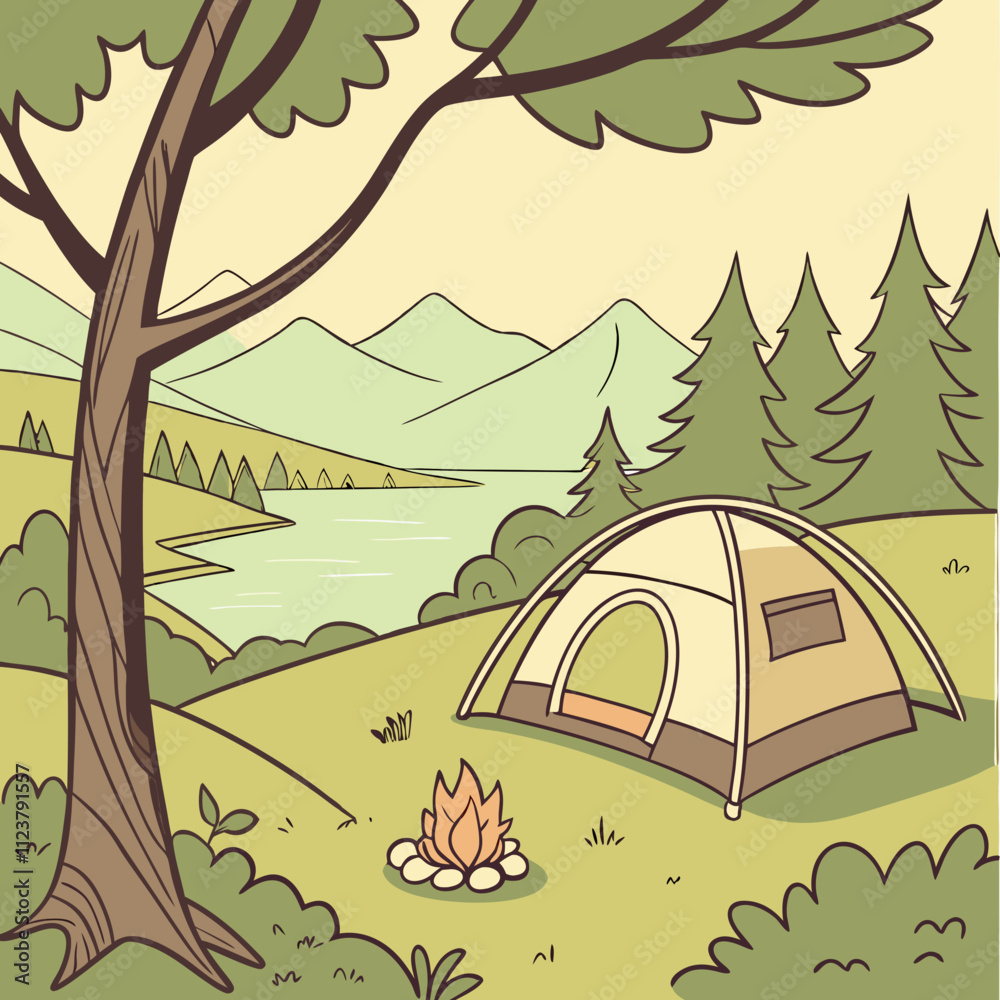 Cartoon camping. Summer nature scene with trailer tent and bonfire ...