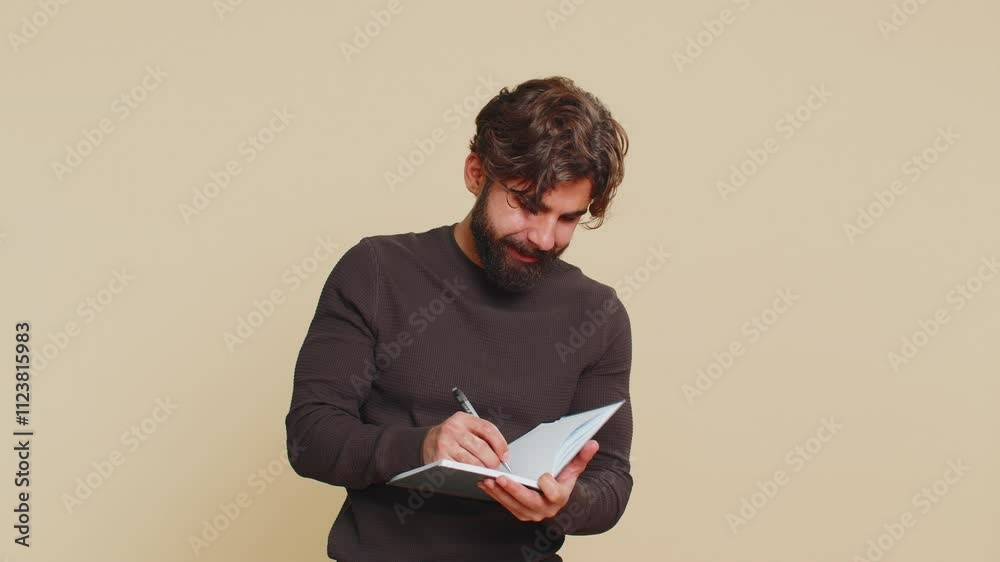 Thoughtful young Indian business man making notes, writing down ...