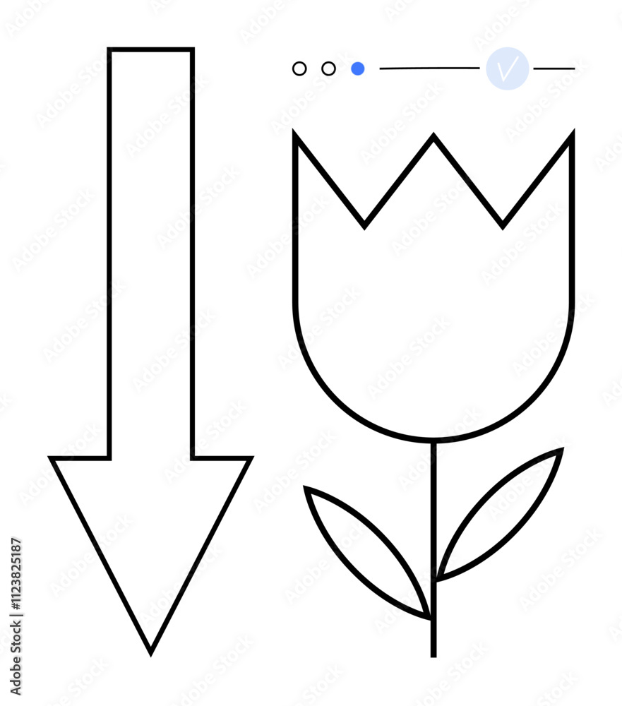 Downward arrow, tulip flower outline, small circles, blue dot, and a ...