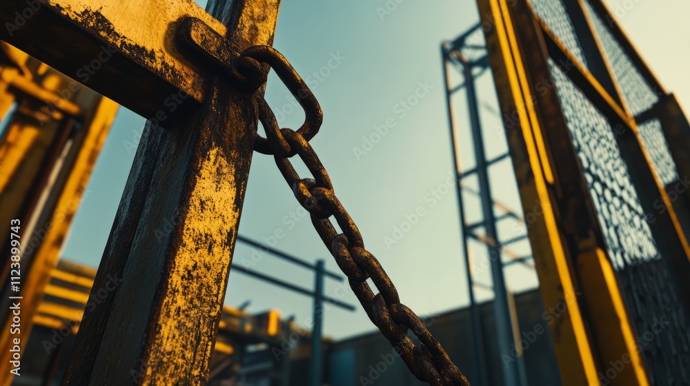 Closed factory gate with chain and padlock, symbolizing the end of an ...