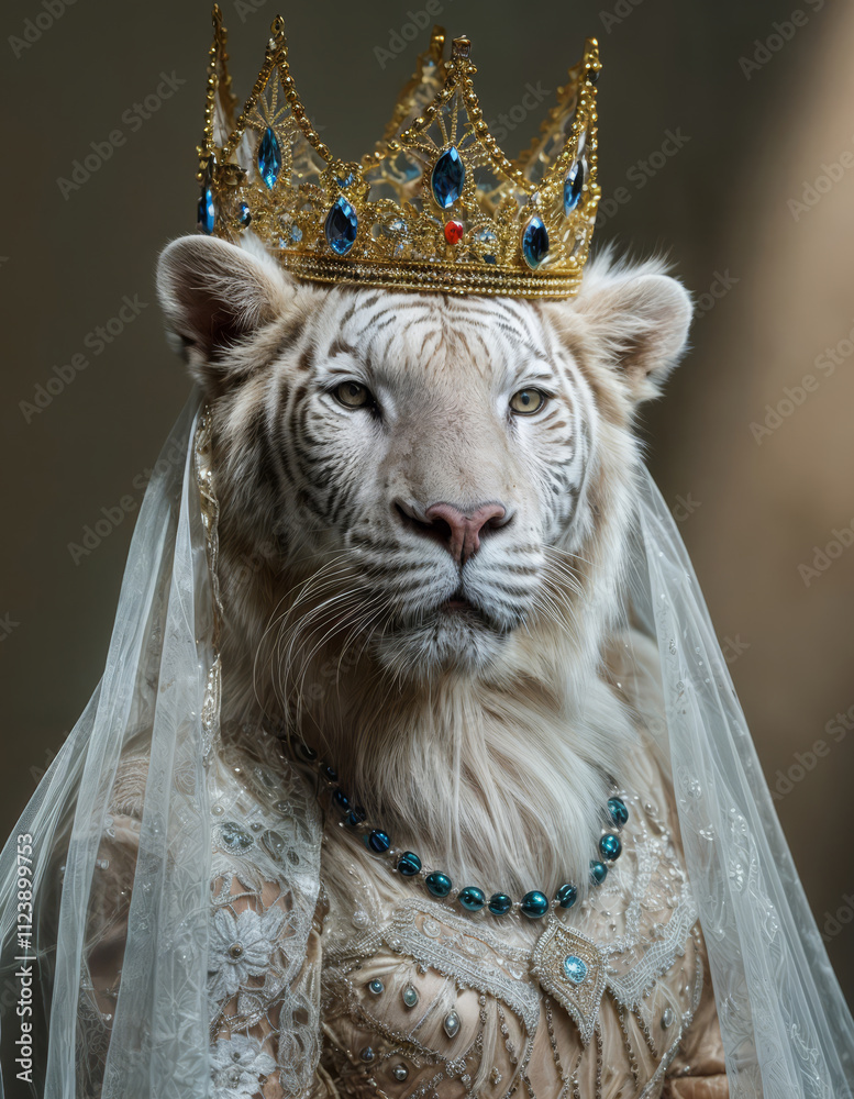 Portrait of majestic regal anthropomorphic female white tigress dressed ...