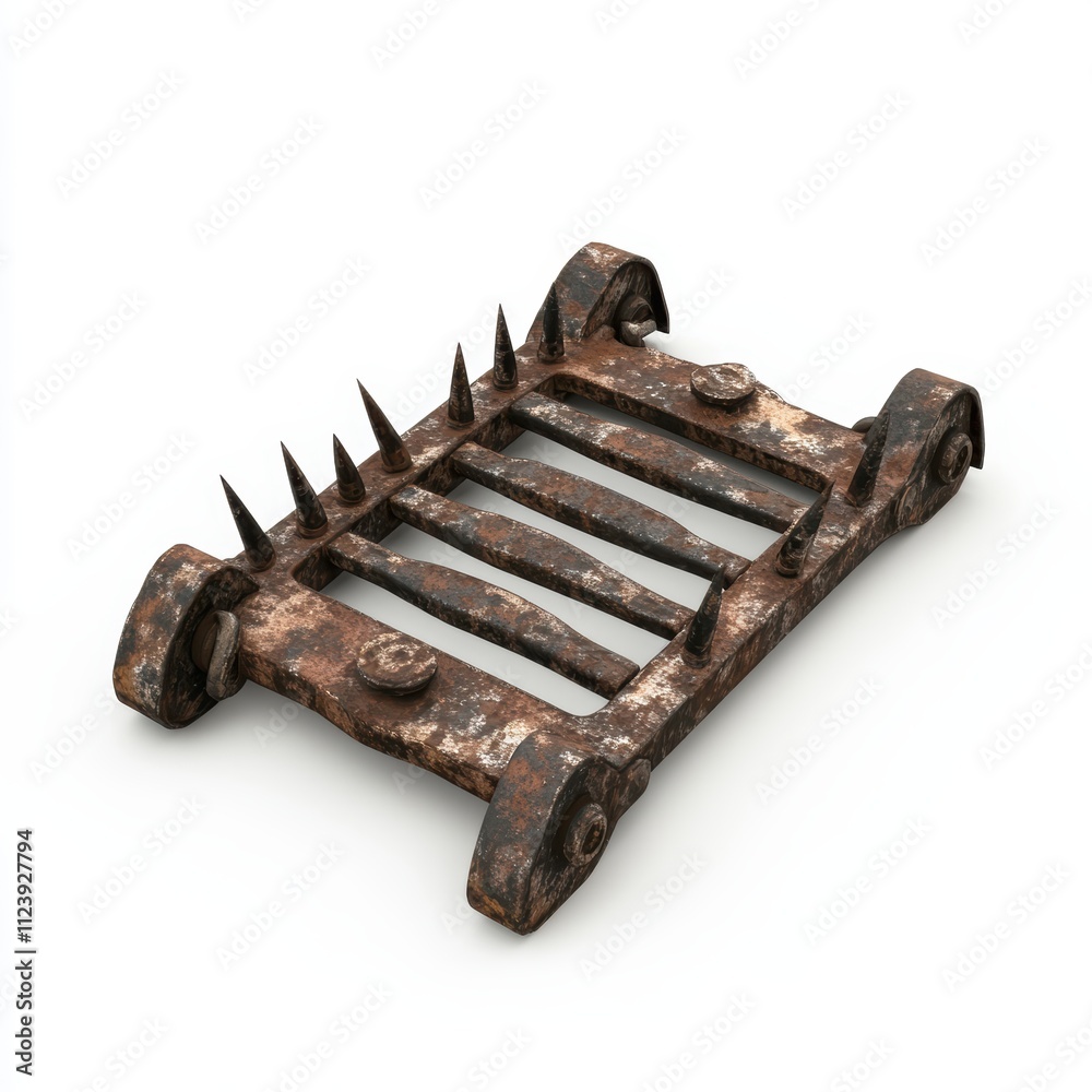 Aged rusted metal device with spiked wheels isolated on white ...