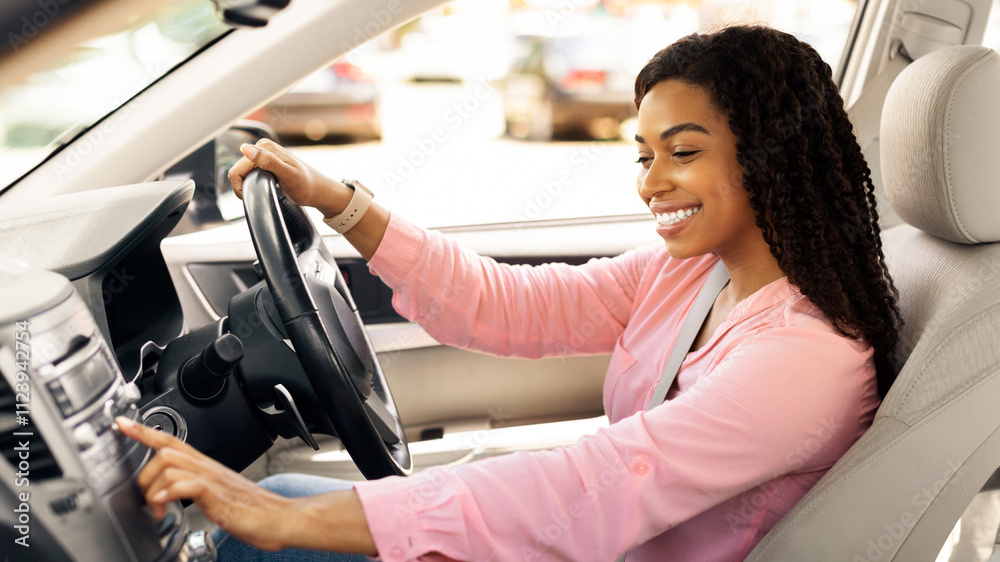 Road Playlist. Side View Profile Portrait Of Happy Black Woman Driving ...