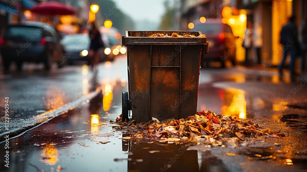Overflowing garbage can in an urban area. Mess and trash on the street ...