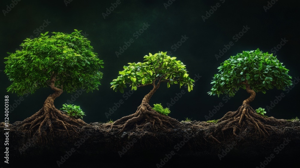 Evolution of seedling to full-grown tree, progressive growth sequence ...