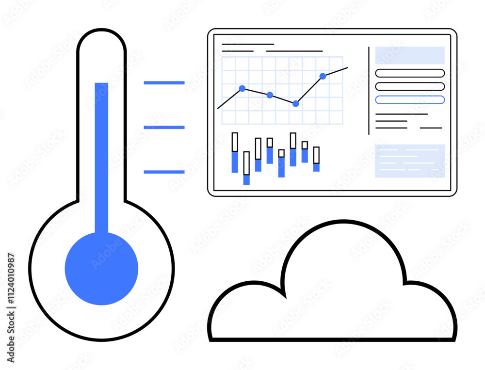 Temperature gauge icon, cloud shape, and analytics dashboard with ...