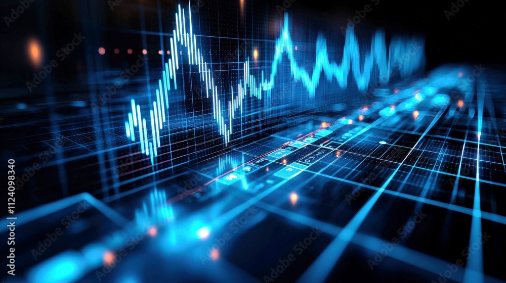 Abstract Digital Financial Chart With Blue Line Graph Overlaid On Grid Background Showcasing ...