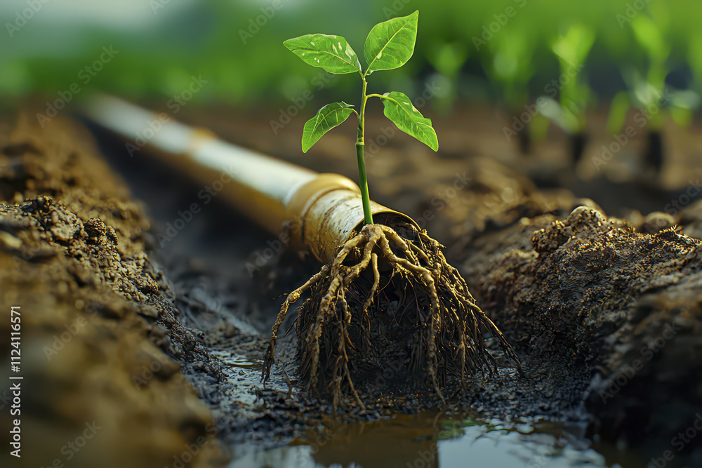 close up of irrigation pipes delivering water to young plant ...
