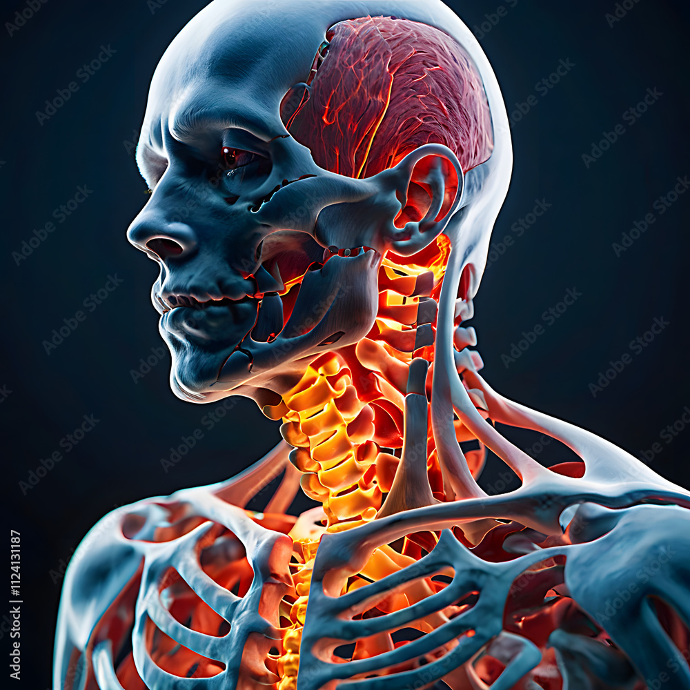 Human body with a highlighted neck skeleton, depicting pain in the neck ...