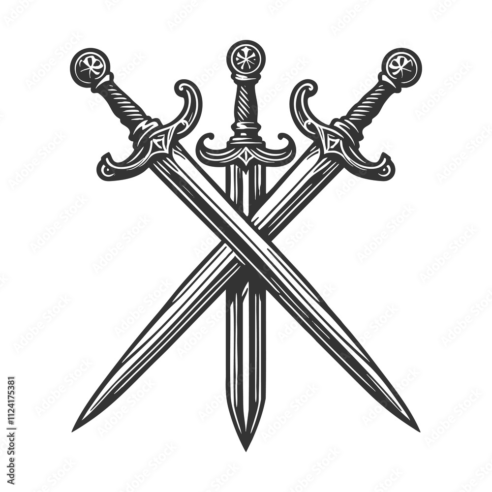 three crossed medieval swords in black and white, vintage engraving ...