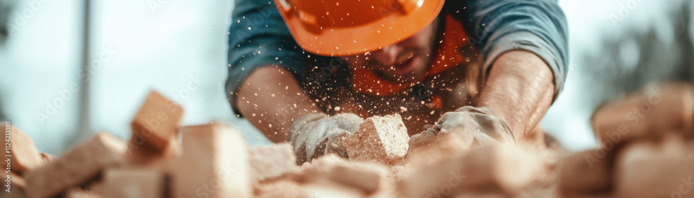bricklayer working diligently, surrounded by bricks and dust ...