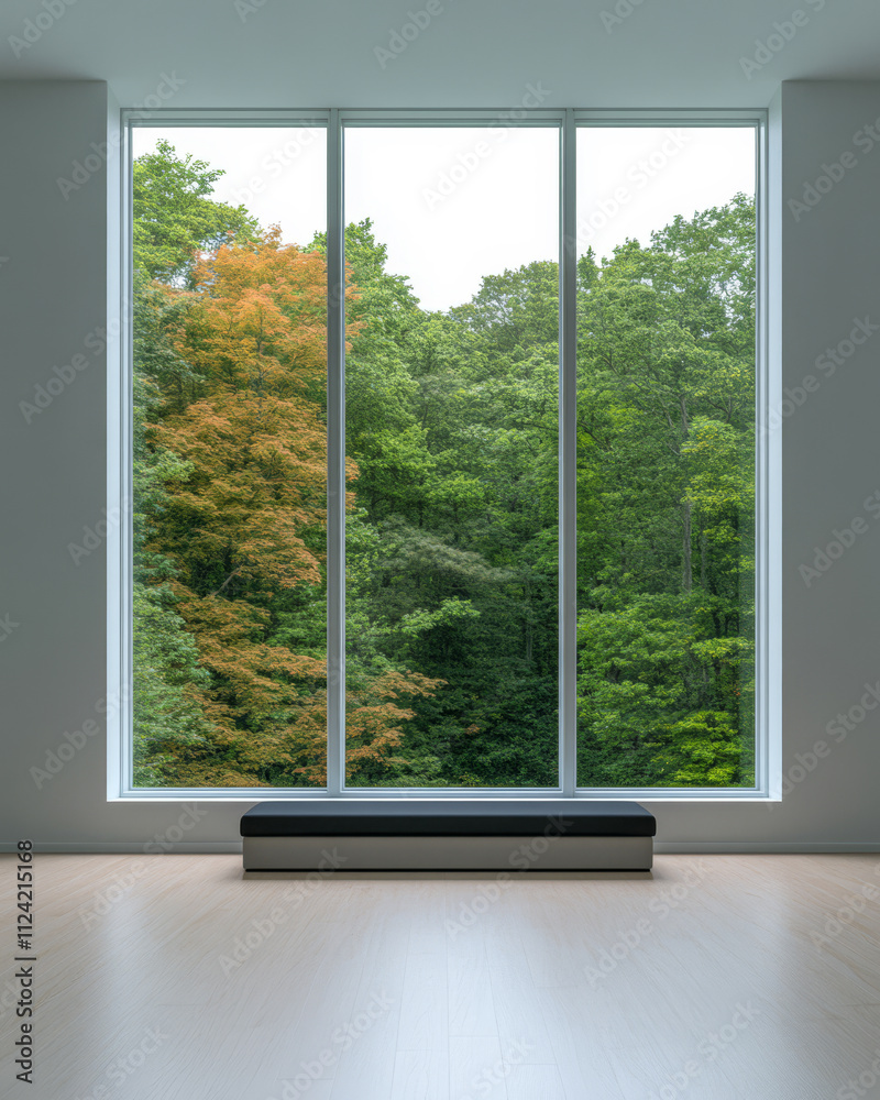 Beautiful forest view from a modern room with large windows showcasing ...