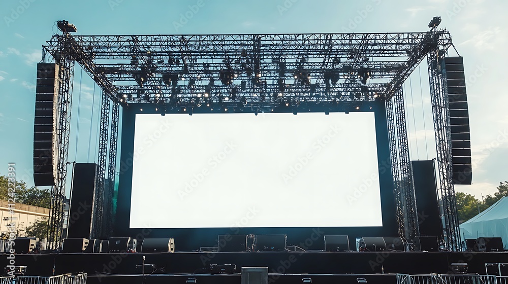 Majestic Stage Concert with blank white screen, sound system and ...