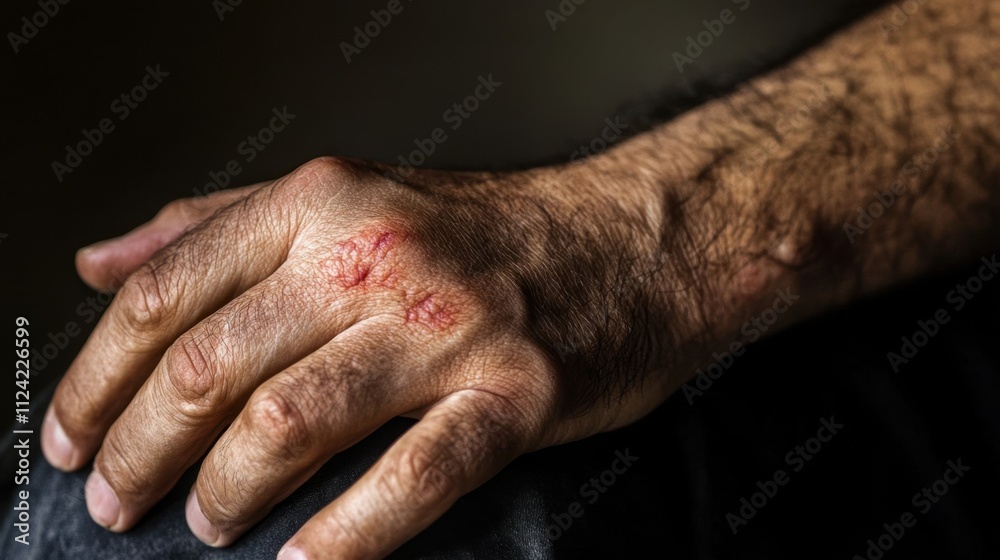 Close-up of a hand resting on a forearm showing visible red patches and ...
