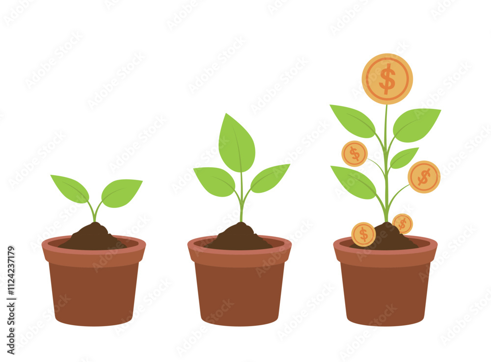 Growing money tree. Stages of growing. Gold coins on branches. Symbol of wealth. Business ...