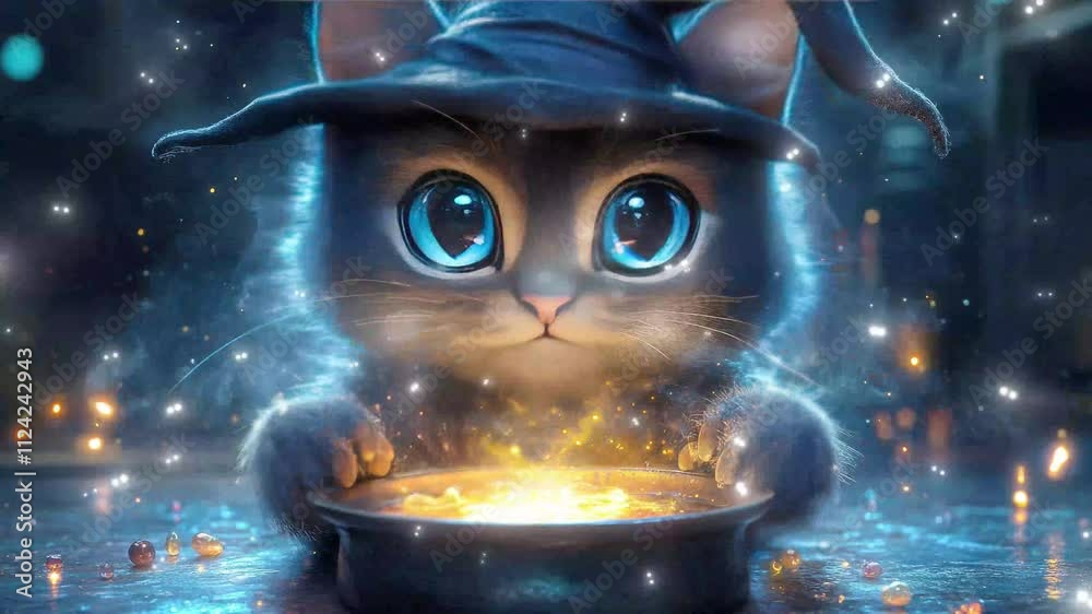A wizard cat brews a glowing potion in its little cauldron at night ...