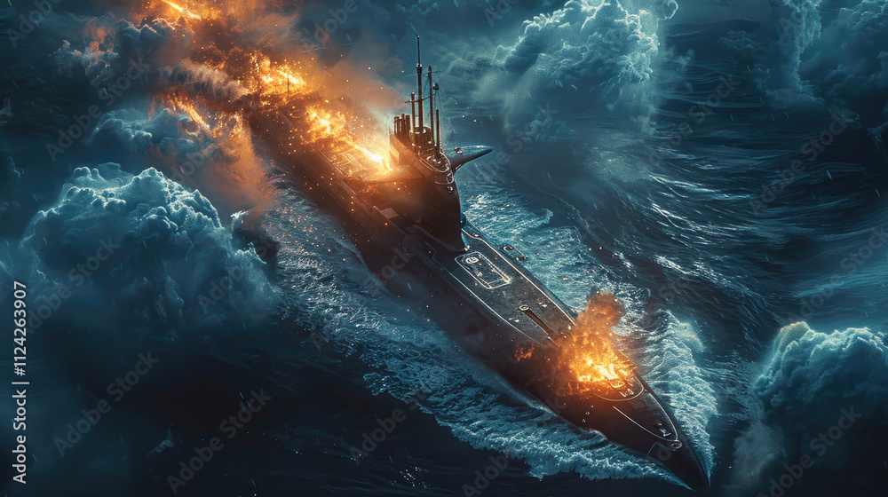 A stealth submarine emerging from beneath dark, choppy waters, firing a ...