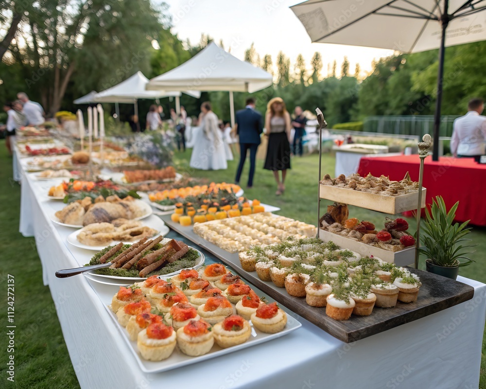 Big buffet of different delicious canapes at a wedding celebration ...