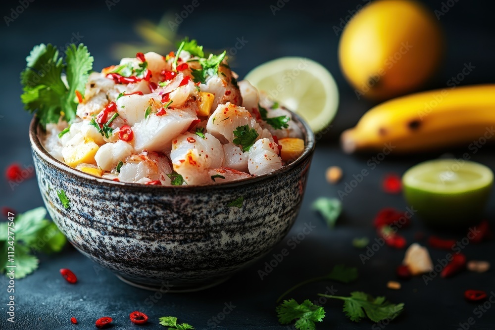 Peruvian ceviche known as Leche de Tigre featuring raw fish with lime ...