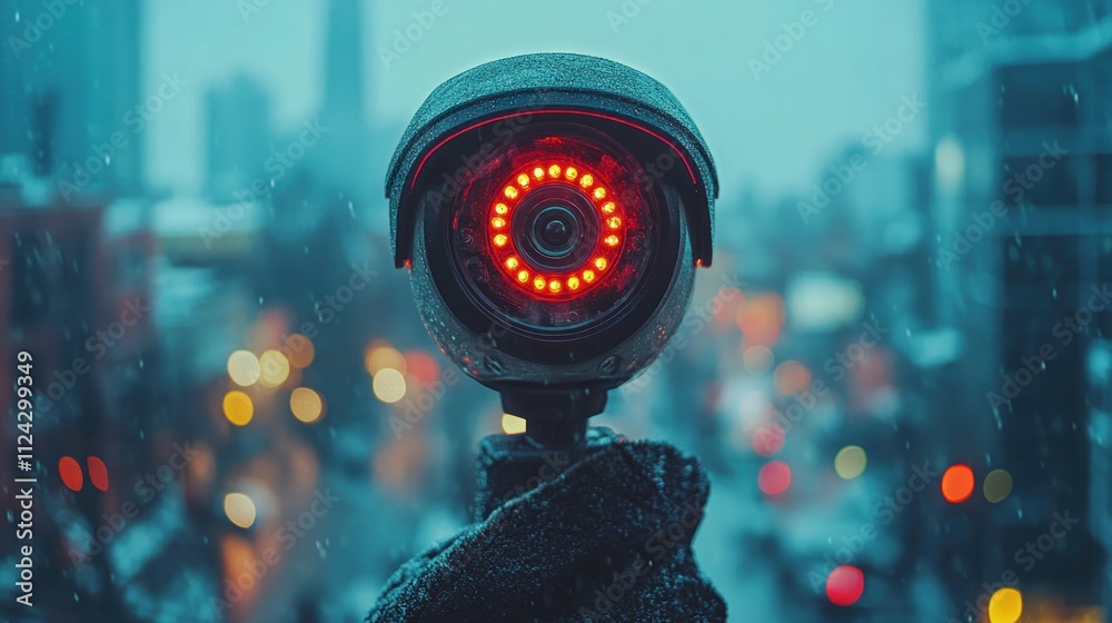 A futuristic CCTV camera mounted on a skyscraper, looking down at the ...