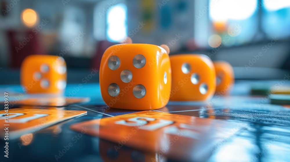 Close-up of trivia dice and question cards on a modern gaming table ...