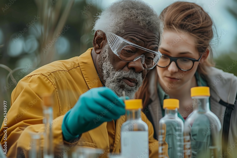 Two scientists work together in a laboratory, examining various samples and solutions. Stock ...