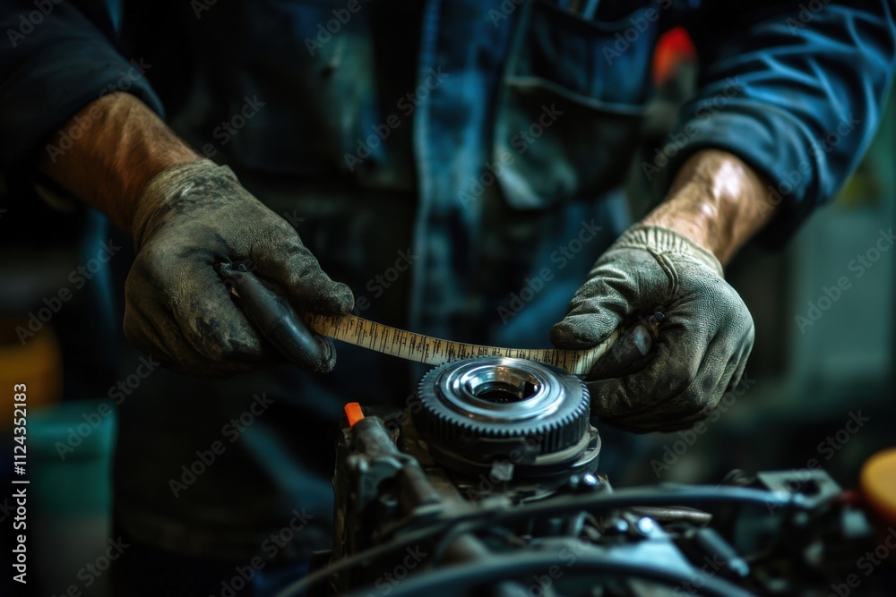 Skilled mechanic adjusting timing belt of car at auto repair shop ...
