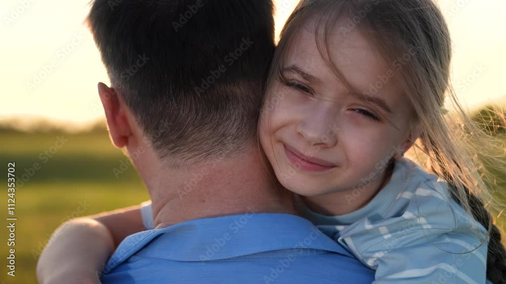 Girl hugging her father sunset, Daughter embracing dad outdoors, Child father bonding nature ...