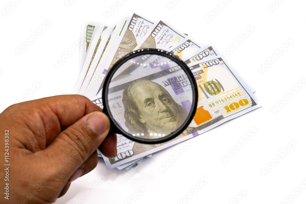 This intriguing image features a magnifying glass examining a stack of ...