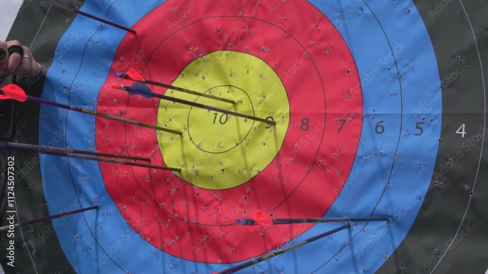 Arrows stuck in an archery target during an Olympic tournament Stock ...