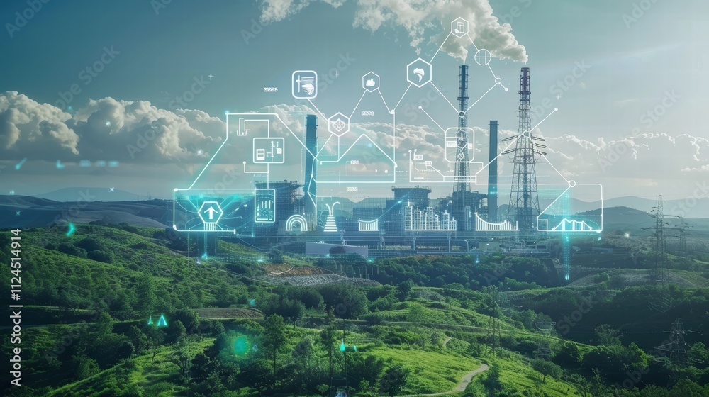 Geothermal energy facility in a rugged landscape, with steam venting ...