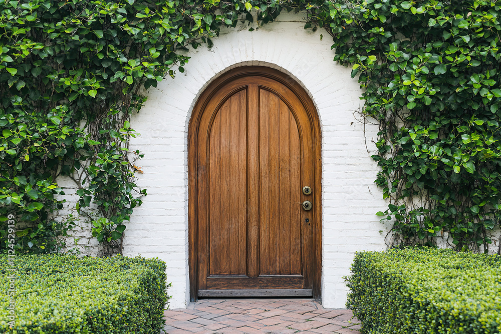An arched wooden door with white walls, surrounded by green ivy and ...