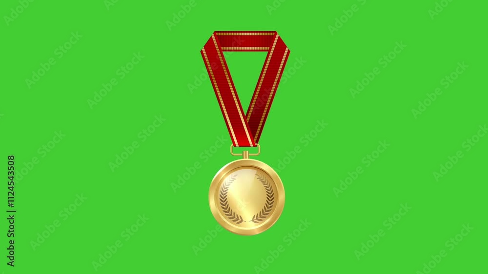 Gold medal hanging with red ribbon animation on green screen background ...