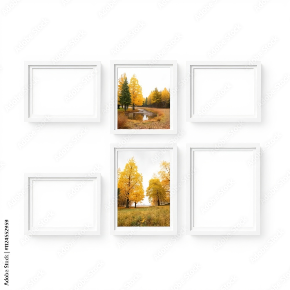 White picture frames, gallery wall layout, autumn park scenes, golden ...