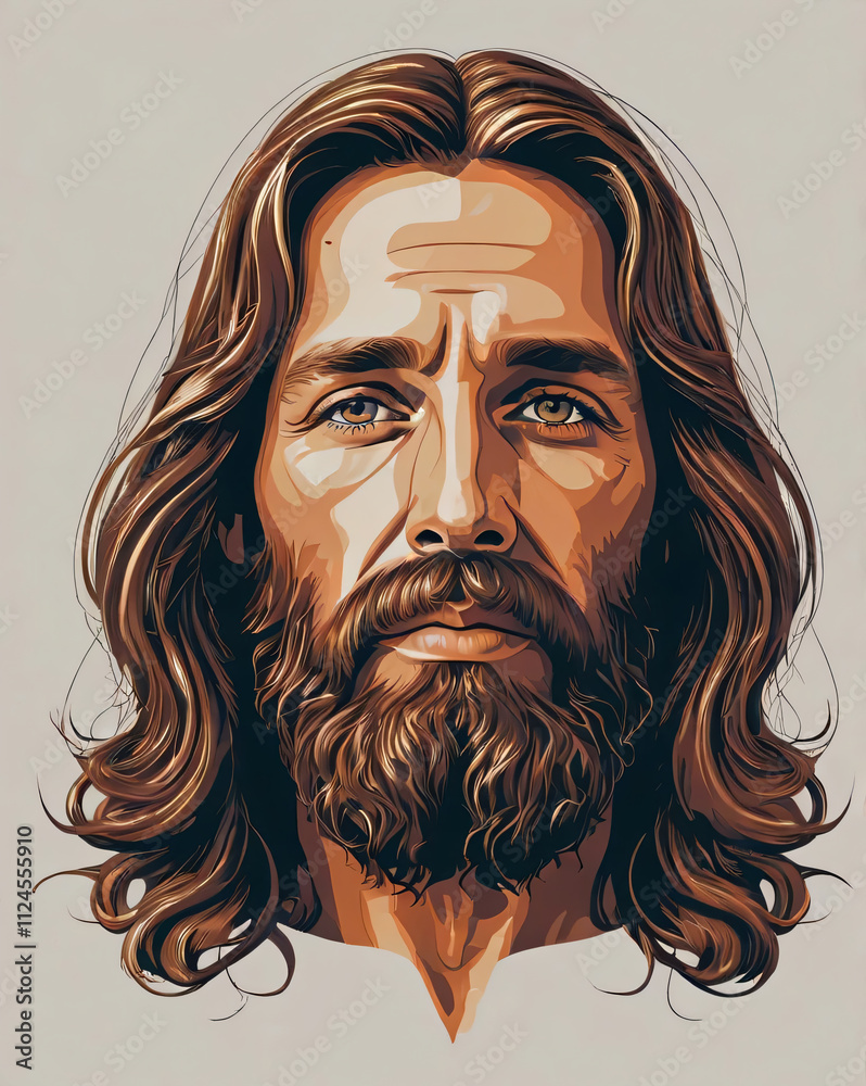 The illustration depicts Jesus in a contemplative, thoughtful pose ...