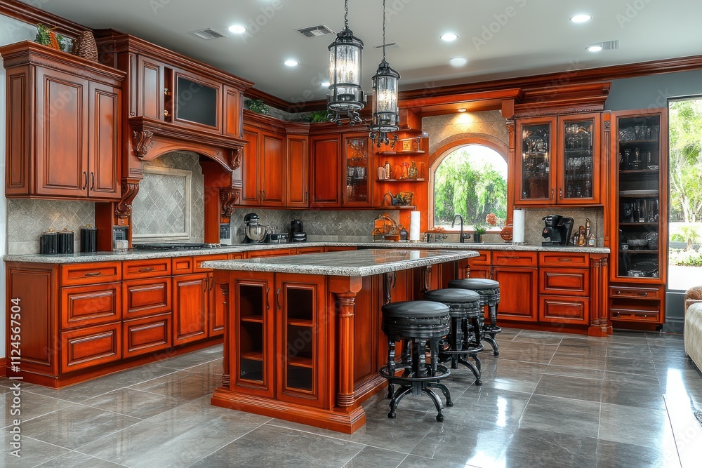 Luxurious kitchen with rich wood cabinetry, granite countertops, and an ...