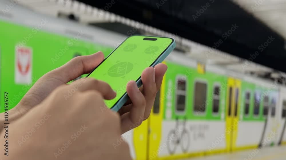 GREEN SCREEN CHROMA KEY Hand holding smartphone at a subway station ...